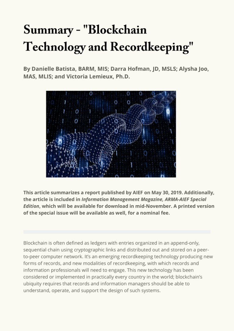 Summary – “Blockchain Technology and Recordkeeping” – ARMA Magazine