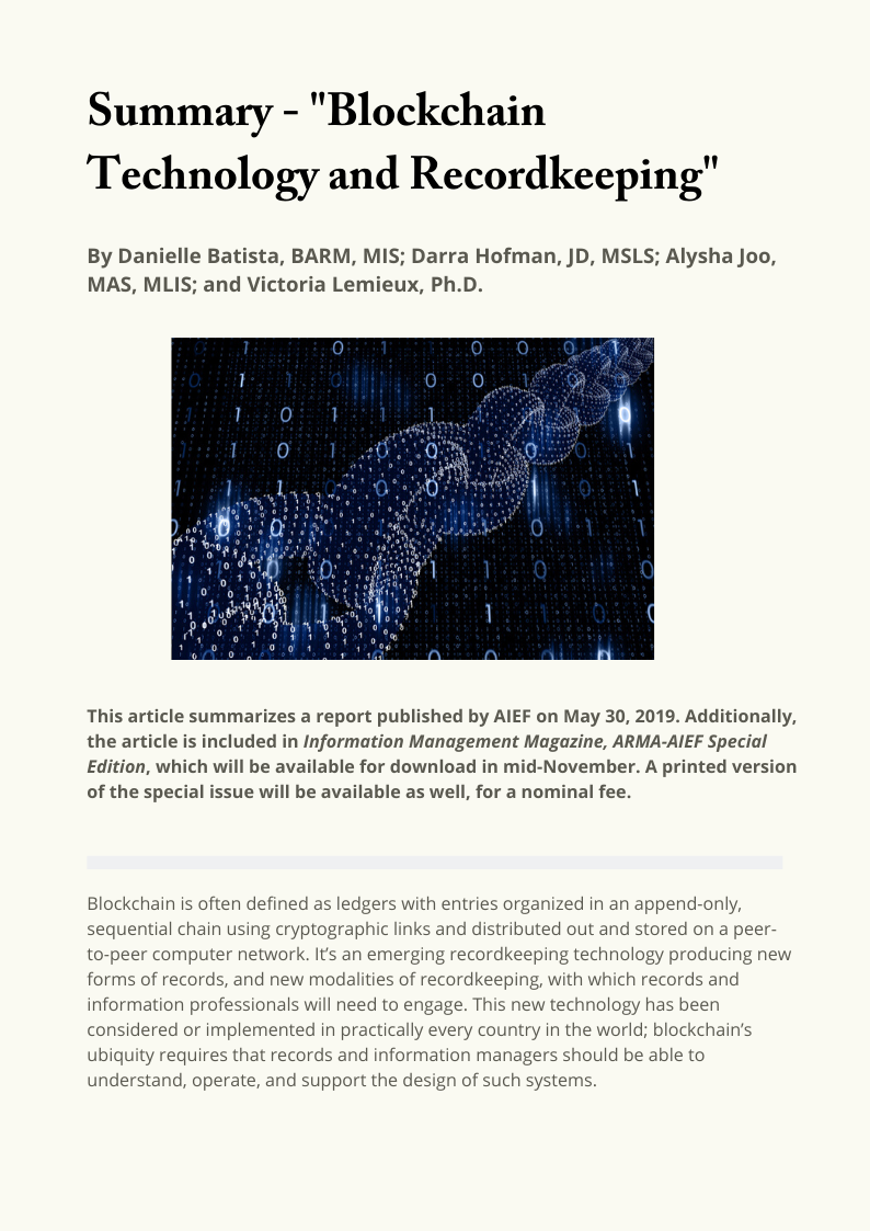 Summary – “Blockchain Technology and Recordkeeping” – ARMA Magazine