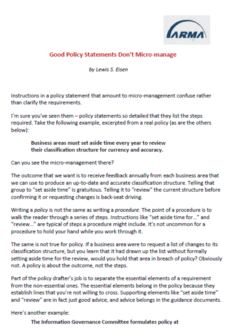 Good Policy Statements Don’t Micro-manage – ARMA Magazine
